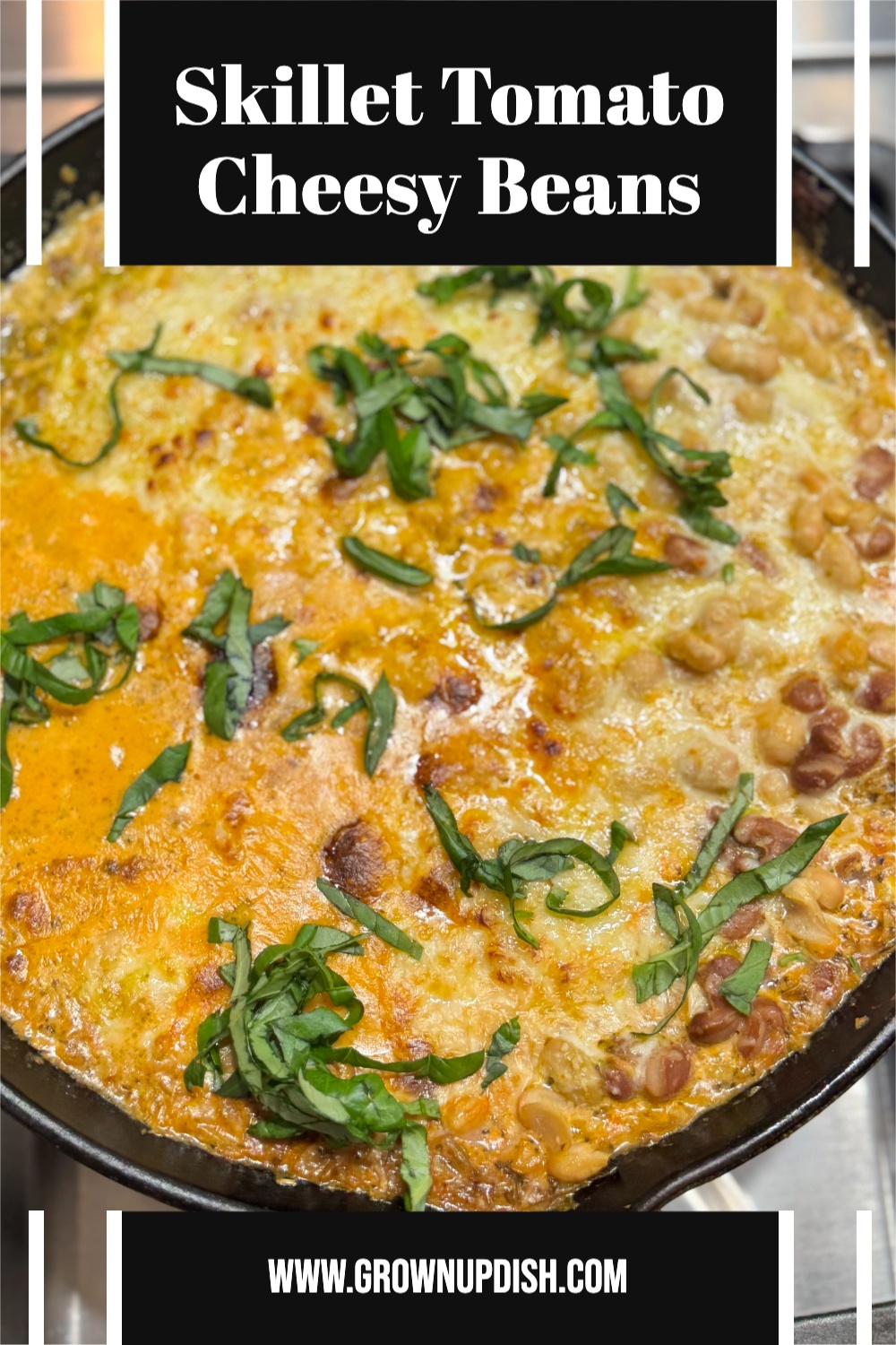 Skillet Tomato Cheesy Beans • GrownUp Dish